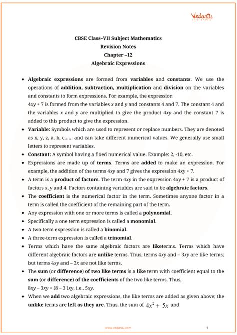Cbse Class 7 Maths Chapter 12 Algebraic Expressions Revision Notes