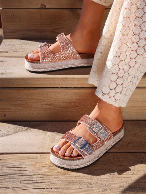 Rose Gold Diamante Double Buckle Flatform Slider Sandal Linzi