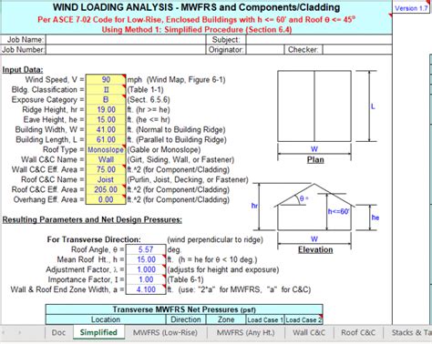 Wind Loading Analysis Mwfrs And Components Cladding Excel Sheets