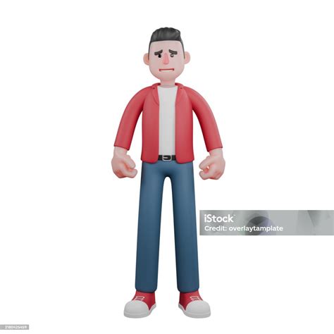 3d의 만화 가수 모델 한 남성 가수가 걱정스러운 표정으로 꼿꼿이 서서 두 손을 아래로 꽉 쥐고 있는 것처럼 보인다 남성 아티스트 3차원 형태에 대한 스톡 사진 및 기타