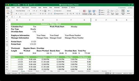 Monthly Timesheet Template For Microsoft Excel Google Sheets Green Monthly Tabs Track Hours