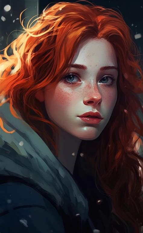 Premium Ai Image A Girl With Red Hair And Blue Eyes Looks At The Camera