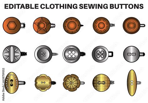 Metal Buttons Flat Sketch Vector Illustration Set Different Types Of Shirt Buttons Shank