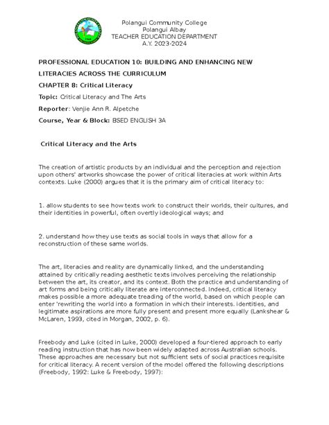 Critical Literacy And The Arts Polangui Community College Polangui Albay Teacher Education