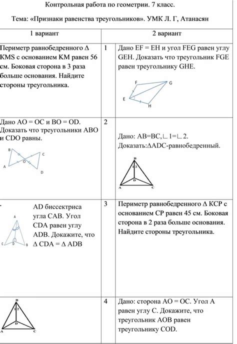 Контрольная работа по геометрии. 7 класс. Тема: «Признаки равенства ...