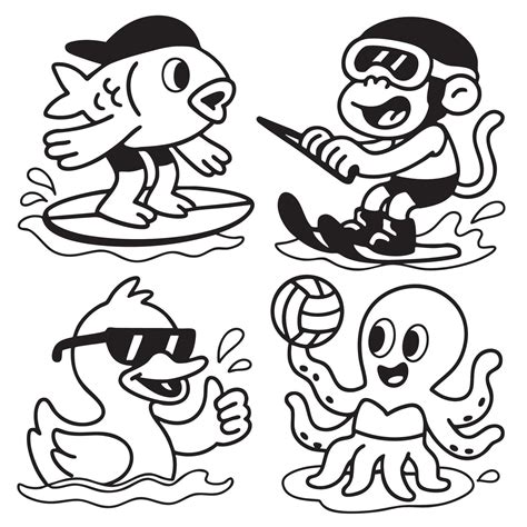 Isolé Séparé En Couches Lineart Contour Dessin Animé Animal Surfant L