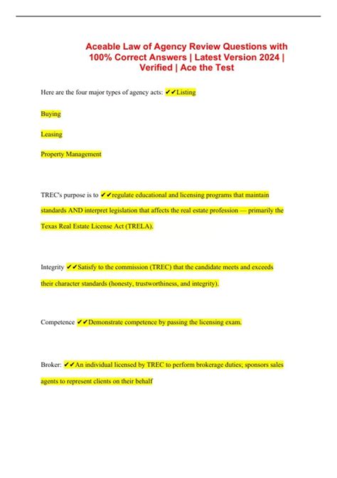 Aceable Law Of Agency Review Questions With 100 Correct Answers Latest Version 2024 Aceable Law Of Agency Review Questions With 100 Correct Answers Latest Version 2024