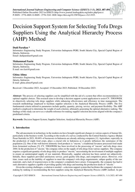 Pdf Decision Support System For Selecting Tofu Dregs Suppliers Using