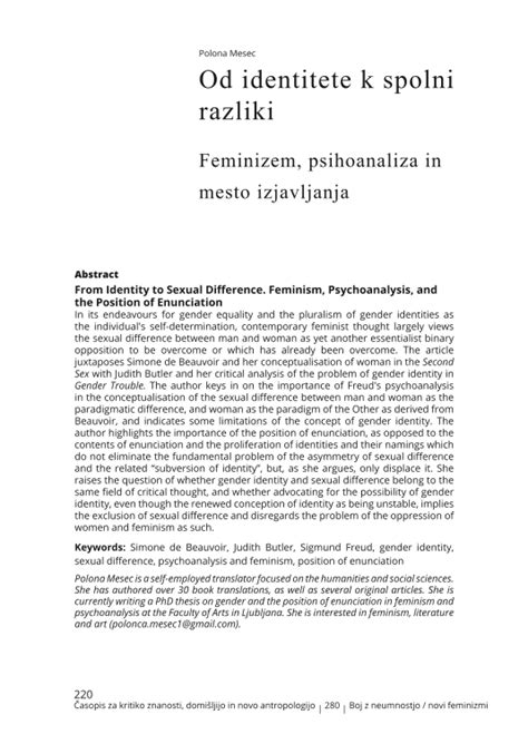 From Identity To Sexual Difference Feminism Psychoanalysis And The