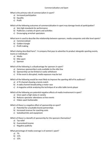 Multiple Choice Questions And Answers For Gcse Pe Edexcel Component 2 Teaching Resources