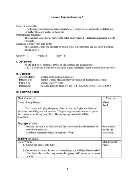 Lesson Plan In Science 5 Final Pdf Lesson Plan Learning