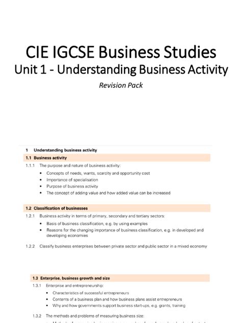 Cie Igcse Business Unit 1 Revision Pack Pdf Franchising Business Economics