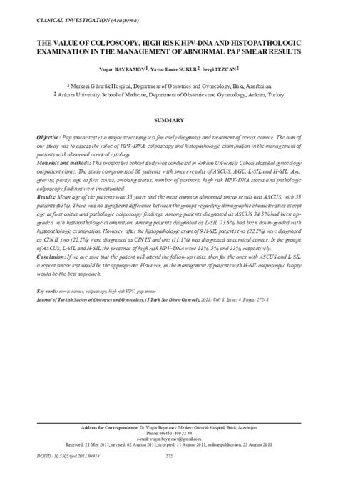 Pdf Colposcopy And Hpv Dna In Abnormal Pap Smears