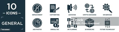 채워진 일반 아이콘 세트입니다 플랫 탄핵 카피라이팅 선동 암호화폐 교환 Hr 서비스 사진 추가 연회비 Hr 계획 3d 모델링 편집 가능한 형식의 미래 기술 아이콘 포함