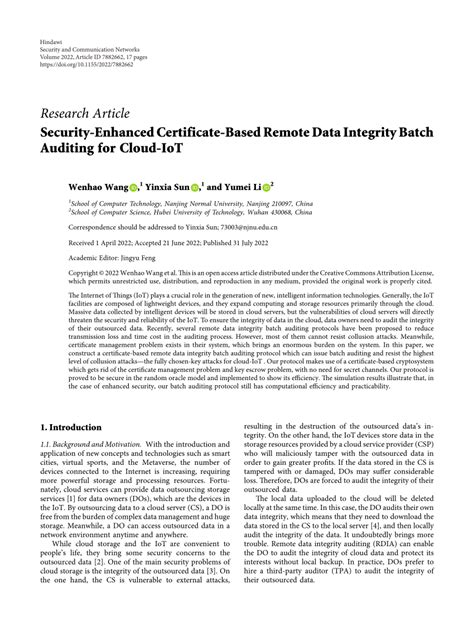 PDF Security Enhanced Certificate Based Remote Data Integrity Batch Auditing For Cloud IoT
