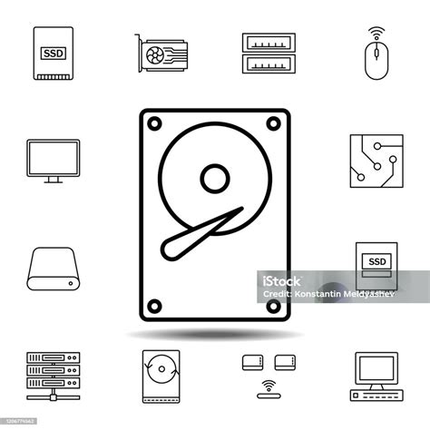 하드웨어 하드 디스크 아이콘 Ui 및 Ux 웹 사이트 또는 모바일 응용 프로그램에 대해 설정된 하드웨어 아이콘의 간단한 가는 선
