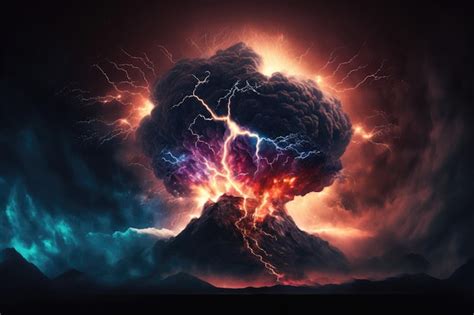 Premium Ai Image Powerful Explosion With Lightning And Smoke At Night