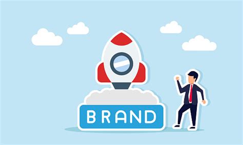 Brand라고 적힌 보드에서 발사되는 로켓 옆에 서 있는 사업가 스타트업 비즈니스 제품을 출시하는 그림 개발에 대한 스톡 벡터 아트 및 기타 이미지 Istock