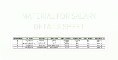 Material For Salary Details Sheet Excel Template And Google Sheets File For Free Download