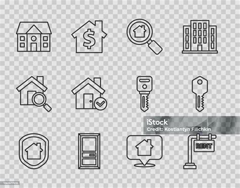 보호 하에 세트 하우스 임대 검색 집 폐쇄 문 확인 표시 위치 및 키 아이콘과 함께 매달려 기호를 설정합니다 벡터 개념에 대한 스톡 벡터 아트 및 기타 이미지 Istock