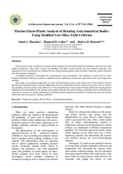Pdf Thermo Elasto Plastic Analysis Of Rotating Axisymmetrical Bodiesusing Modified Von Mises