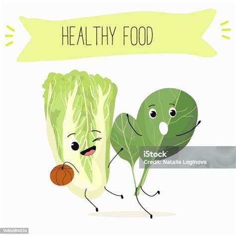 재미있는 캐릭터 배추 양상추 양배추 북경 시금치가 있는 삽화 재미 있고 건강한 음식 비타민 샐러드 귀여운 얼굴 음식 재료 채식주의자 벡터 만화 농업 가공의 인물에 대한 스톡