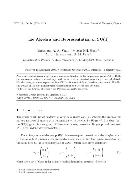 Pdf Lie Algebra And Representation Of Su4