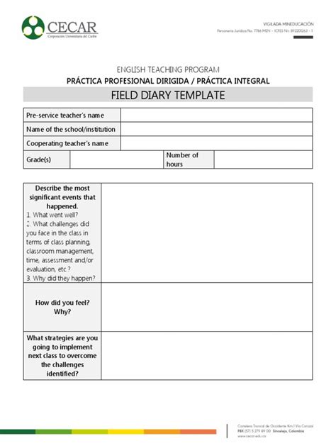 Field Diary Template Pdf