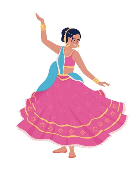 민속 핑크 드레스 세미 플랫 컬러 벡터 캐릭터에 춤추는 여자 프리미엄 벡터
