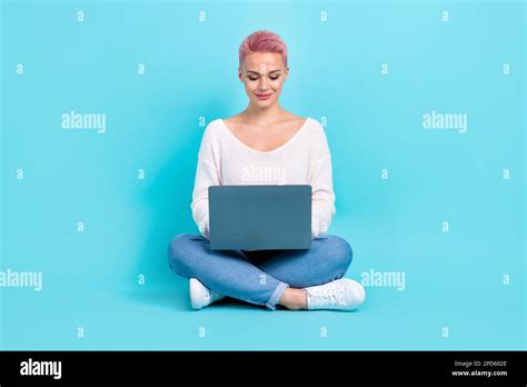 Full Body Length Photo Of Positive Girl Wear White Pullover Writing