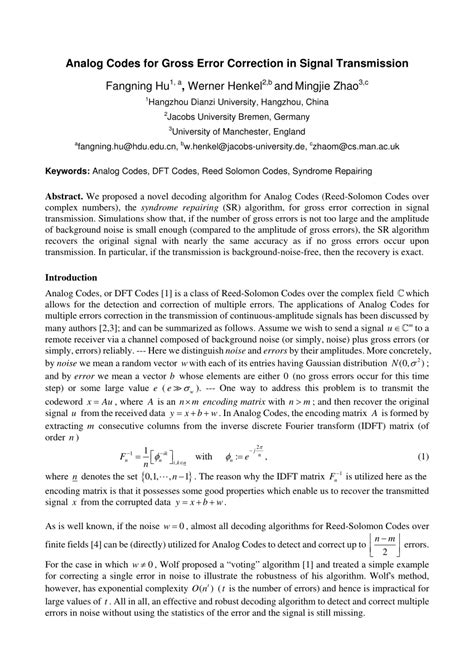 Pdf Analog Codes For Gross Error Correction In Signal Transmission