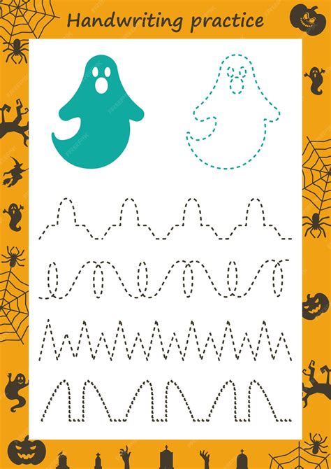 아이들을 위한 교육 워크시트 손글씨 연습 거미와 그의 웹 선을 추적합니다 인쇄 가능 프리미엄 벡터