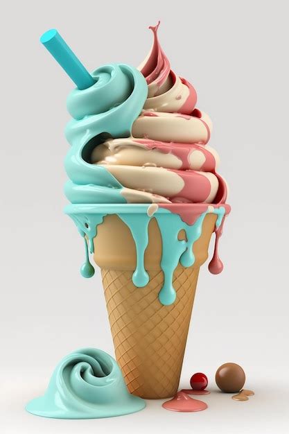 웨이퍼 스타일의 소프트 아이스크림 콘 현실적인 아이콘 멀티 컬러 스프링클 3d 일러스트레이션 미래 지향적인 디자인 소용돌이 모양