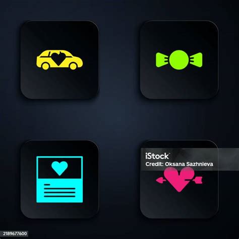 마음과 화살 리무진 자동차 인사말 카드와 나비 넥타이로 Amour를 설정하십시오 검은색 사각형 버튼입니다 벡터 검은색에 대한 스톡 벡터 아트 및 기타 이미지 Istock