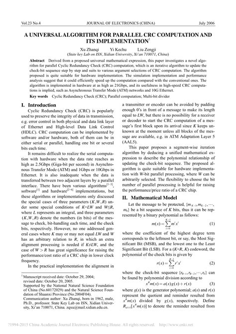Pdf A Universal Algorithm For Parallel Crc Computation And Its