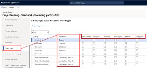 managing the project stages in d365fo