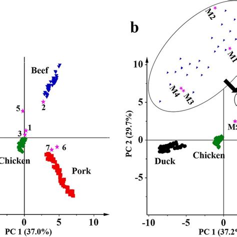 pca score plot derived from the 57 feature peaks showing the locations
