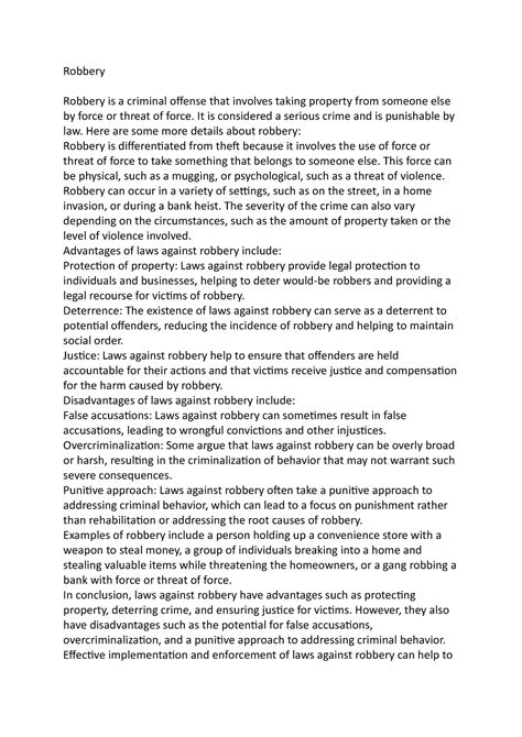 Robbery Robbery Robbery Is A Criminal Offense That Involves Taking Property From Someone Else