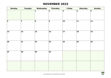 Calendario 2023 Imprimible Noviembre