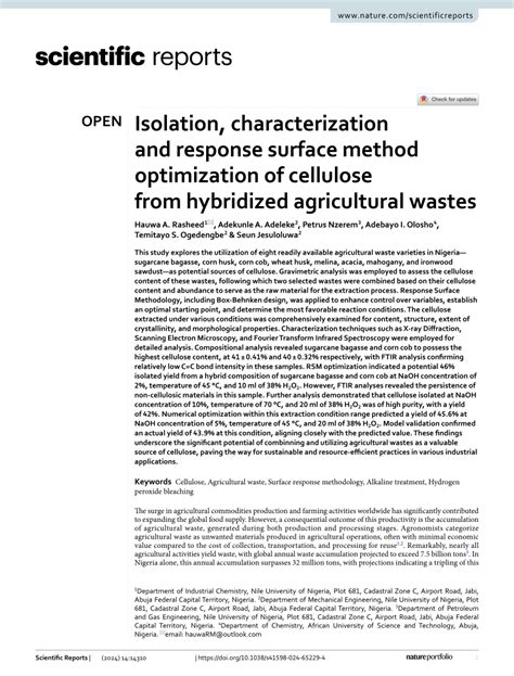 Pdf Isolation Characterization And Response Surface Method Optimization Of Cellulose From