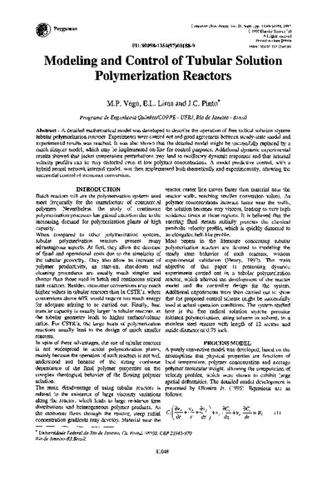 Pdf Modeling And Control Of Tubular Solution Polymerization Reactors
