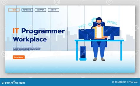 It Programmer Workplace Landing Page Vector Template Stock Vector