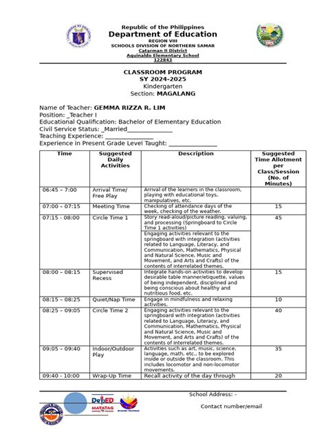 Kindergarten Classroom Program 2024 2025 Pdf Learning Cognition