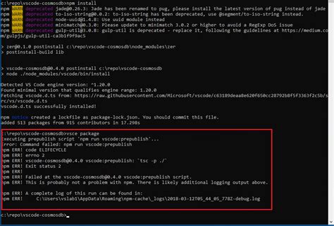 The Command Vsce Package Fails When Creating Vsix File For Cosmosdb