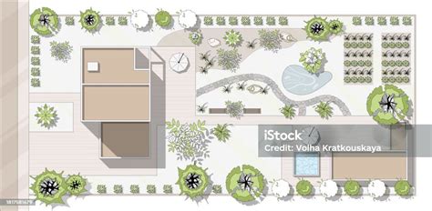 집 안뜰 잔디밭 차고가있는 탑 뷰 조경 디자인 계획 연못 수영장이있는 빌라의 현대적인 별장이있는 국가의 매우 상세한 계획 도시 풍경의 벡터 일러스트 레이 션 마을지도 마을