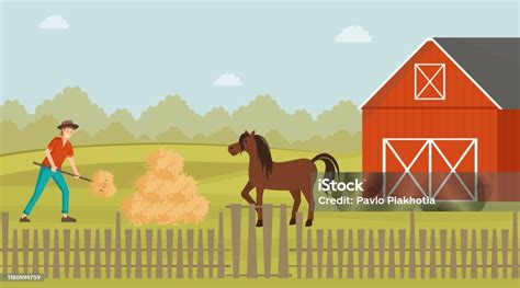 농장 벡터 그림에서 작업 하는 목장 건초 만화 캐릭터와 말을 먹이 젊은 농부 피치포크와 함께 일하는 가축 기술자 헛간 근처 종마용 식품 수확 말에 대한 스톡 벡터 아트 및