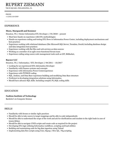 Informatica Etl Developer Resume Samples Velvet Jobs