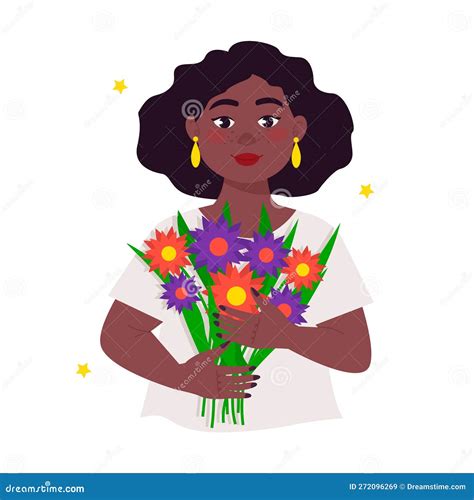Beautiful Black Busty Woman Girl Holds A Bouquet Of Flowers In Her Hands Stock Vector