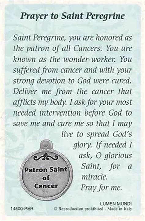 St Peregrine Prayer Card With Medal Patron Saint Of Cancer Laminated