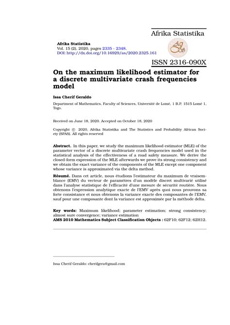 Pdf On The Maximum Likelihood Estimator For A Discrete Multivariate Crash Frequencies Model